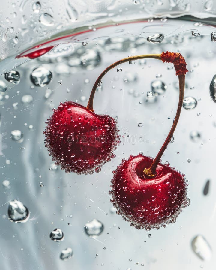 Two Cherries Floating in Water with Bubbles Stock Image - Image of ...