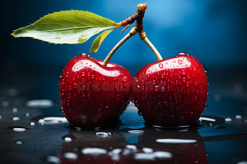 Two Cherries with Green Leaf on Top of Them. Generative AI Stock ...