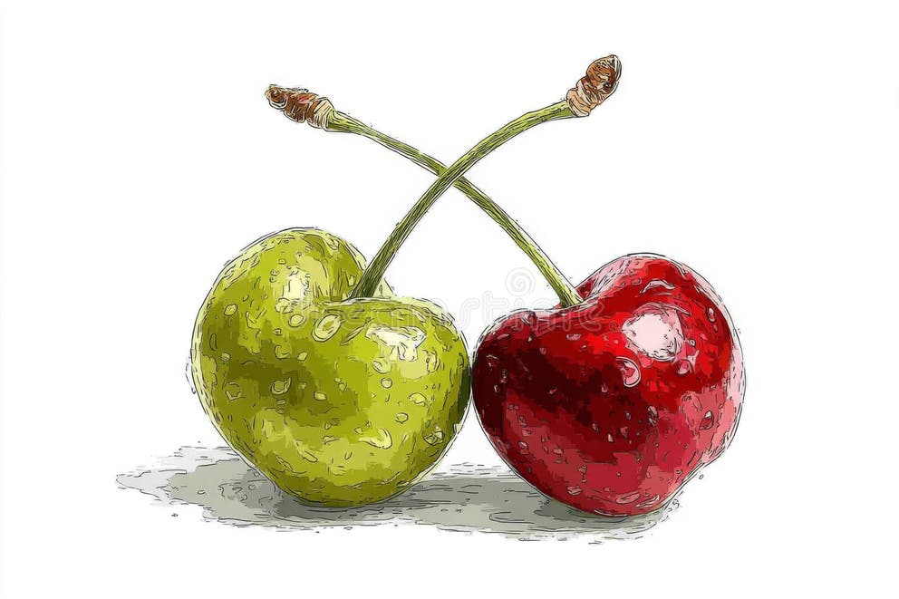 Two Cherries Illustration Red and Green on White Stock Illustration ...