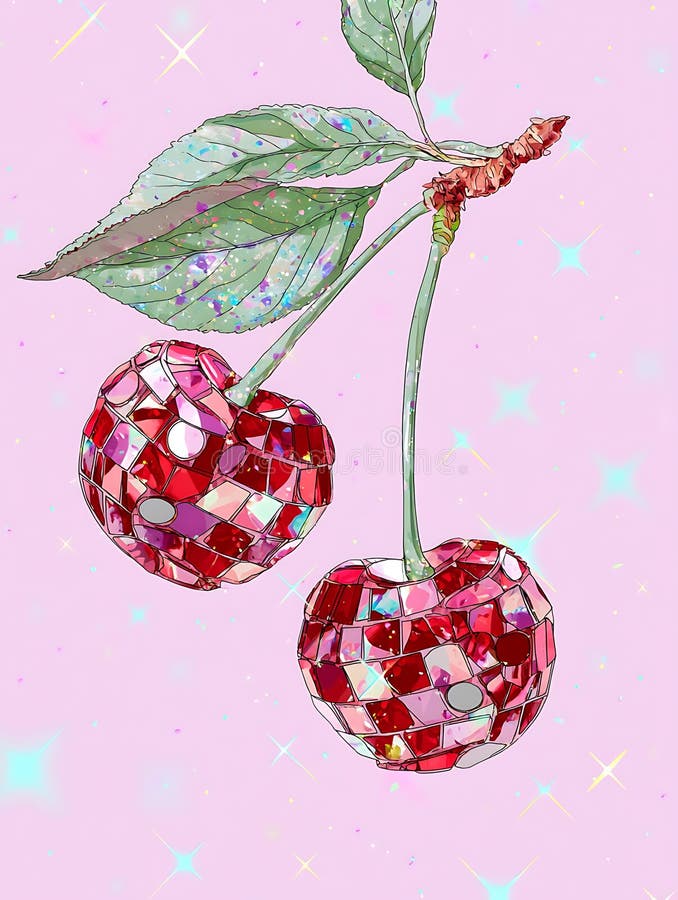 Two Cherries with a Mosaic-like Texture Composed of Vibrant Red, Pink ...