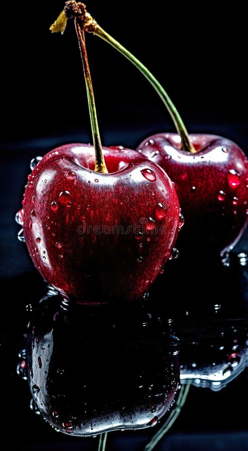 Two Cherries with Water Droplets on a Black Surface. Generative AI ...