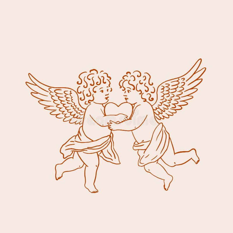 Two Cherubs Holding a Heart. Vintage Style. Stock Vector - Illustration ...