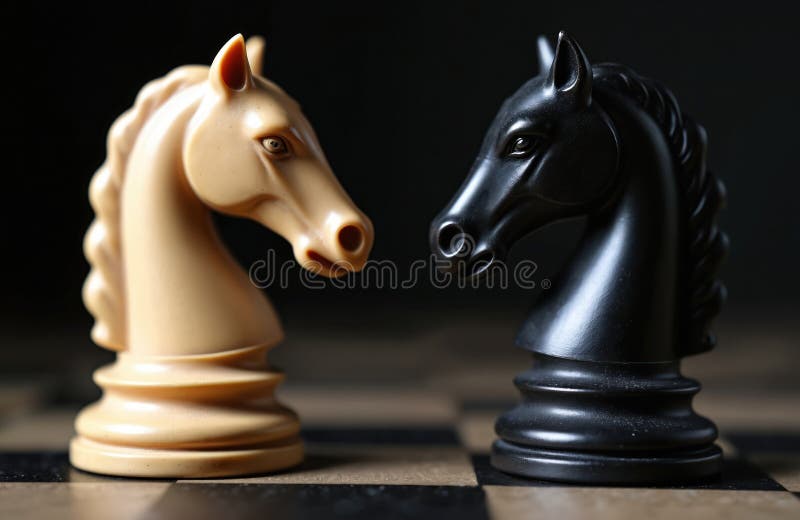 Two Chess Knights Face in Tense Moment on Chessboard. Sharpened ...