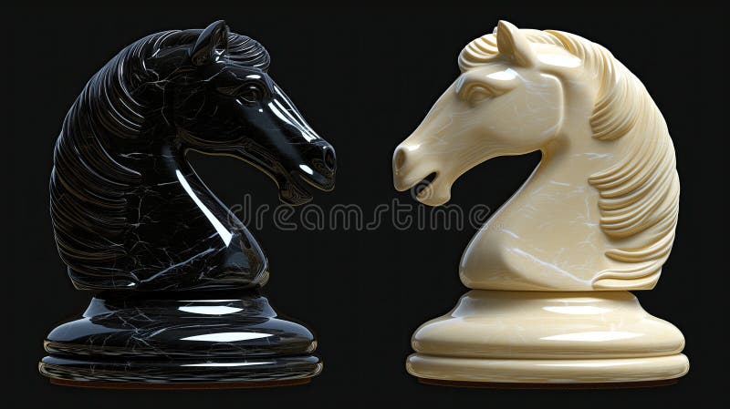 Two Chess Knights, White and Black, Made of Stone. Horizontal Format ...