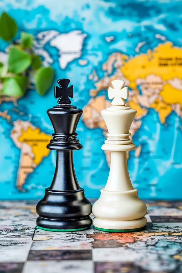 Two Chess Pieces on a Chess Board with a World Map in the Background ...