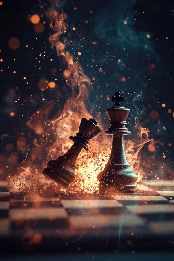 Two Chess Pieces on a Chess Board Engulfed in Flames, Dramatic and ...