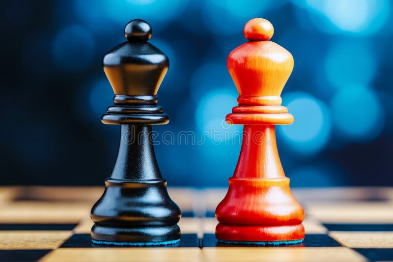 Two Chess Pieces on a Chess Board with a Blue Background Stock Image ...