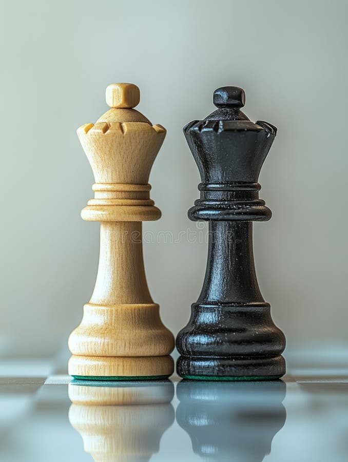 Two Chess Queens, One Black and One White, on a Reflective Board. Stock ...