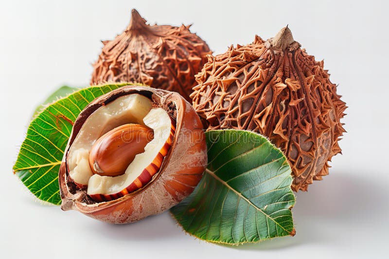 Two Chestnuts with Green Leaves, One is Open Showing the Seed and White ...