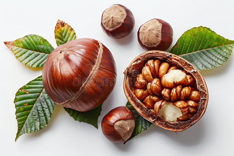 Two Chestnuts with Green Leaves, One is Open Showing the Seed and White ...