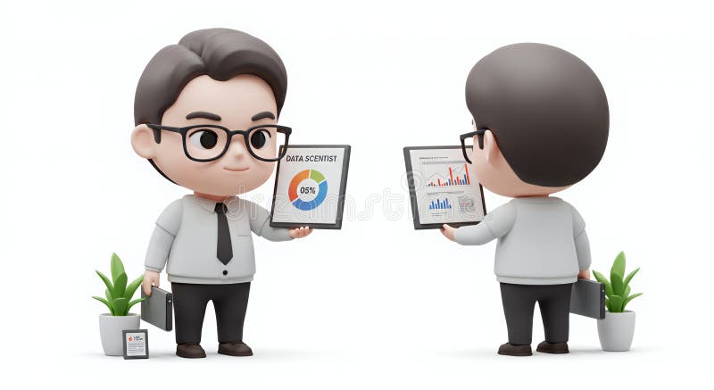 Two Chibi Businessmen Presenting Data Charts in 3D Render Stock ...