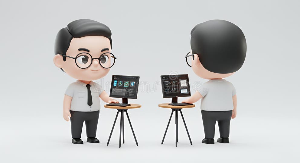 Two Chibi AI Engineers Working on Computers Isolated on White ...