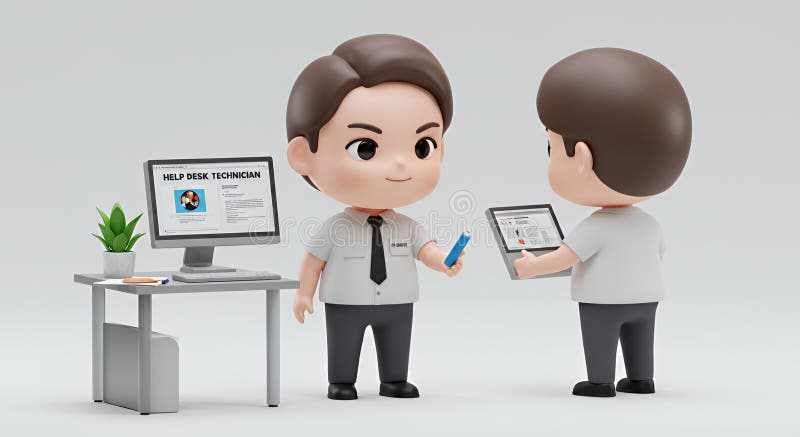 Two Chibi Korean Male Help Desk Technicians Using Tablet and Computer ...