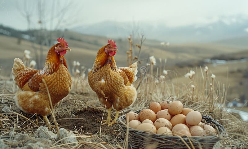 Two Chickens and Basket of Eggs on Mountain Pasture Stock Photo - Image ...