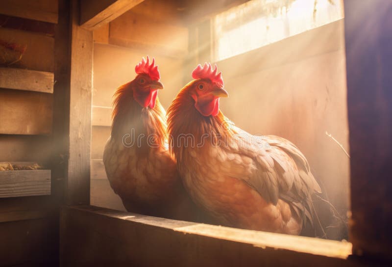 Two Chickens Resting in a Wooden Coop by a Sunlit Window Stock ...