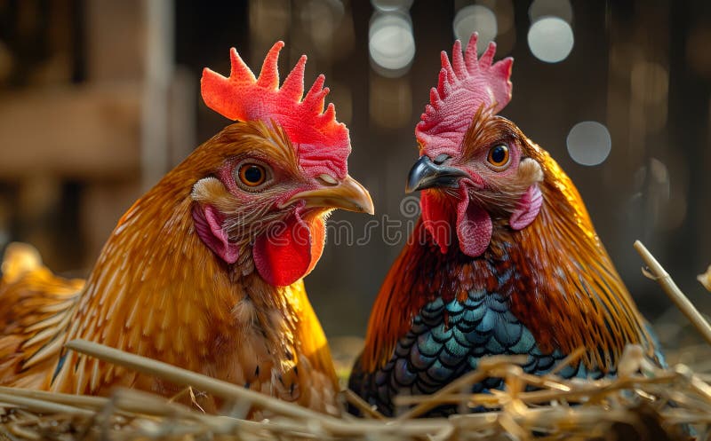 Two Chickens are Sitting on the Hay in the Barn Stock Image - Image of ...