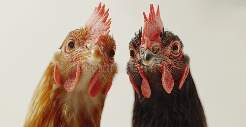 Two Chickens are Standing Closely Together, Directly Facing the Camera ...