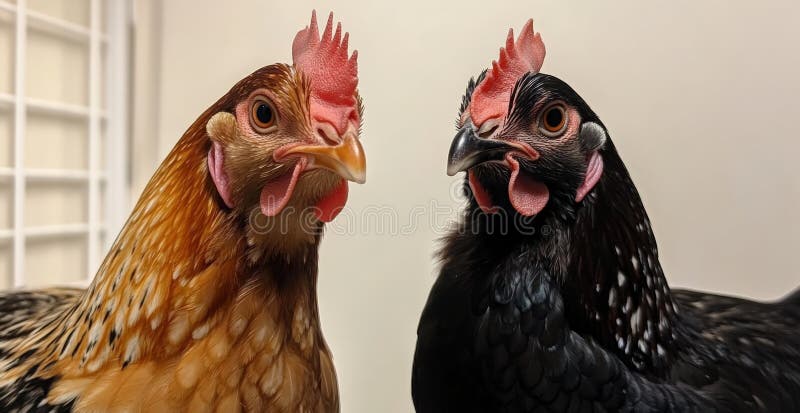 Two Chickens are Standing Closely Together, Directly Facing the Camera ...