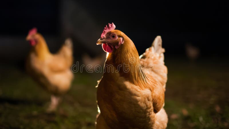 Two Chickens are Standing in the Grass at Night, AI Stock Photo - Image ...