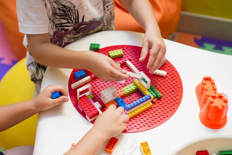 Two Child Playing Together, Build from the Constructor Stock Image ...