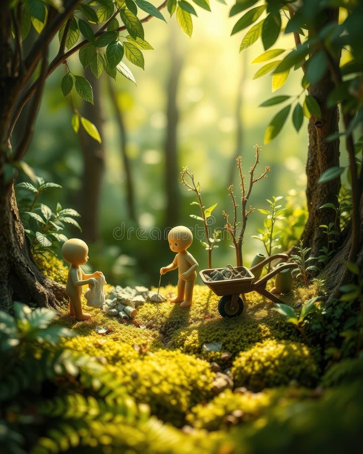 Two Childlike Figures Working Together in a Sunlit Forest Stock ...