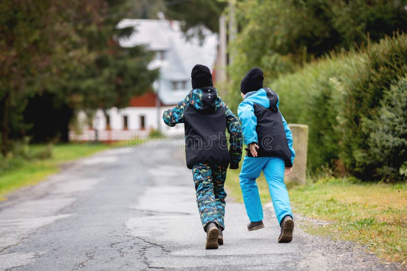 Two Children, Brothers, Walking on a Path in a Park Autumn Day Stock ...