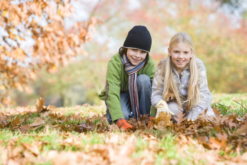 Two Children Collecting Leaves Stock Photo - Image of garden, healthy ...