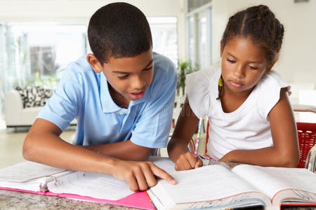 Two Children Doing Homework in Kitchen Stock Image - Image of education ...