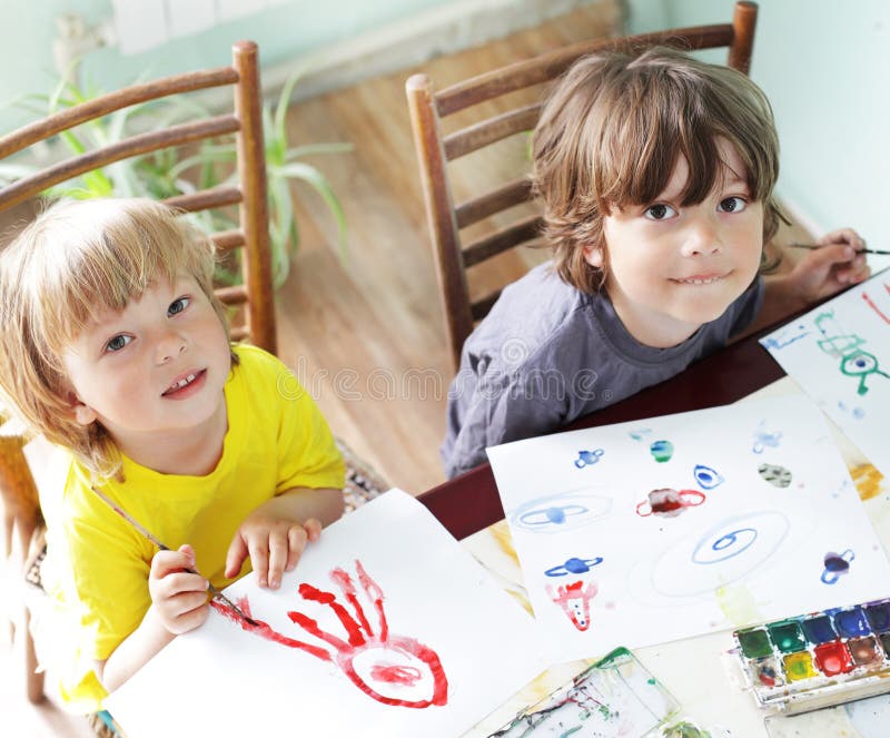 Two Children Draw in Home, Boys Studying Drawing at School Stock Photo ...