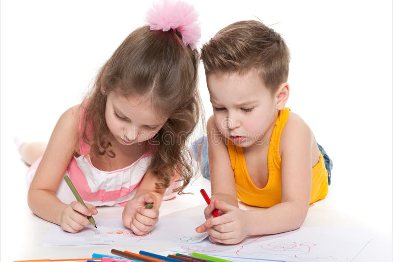 Two Children Drawing on Paper Stock Image - Image of draw, indoor: 39231777