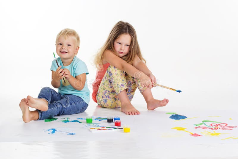 Two Children are Drawing Pictures by Paints Stock Image - Image of ...