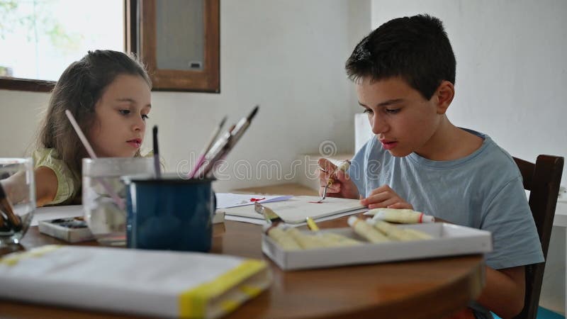 Children Engaging in Art and Homework Activities at Home, Surrounded by ...