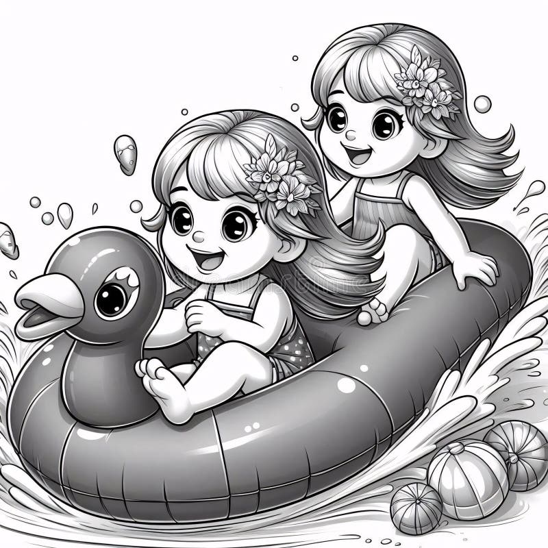 Two Children Enjoy a Ride on a Duck Float in a Pool Stock Illustration ...