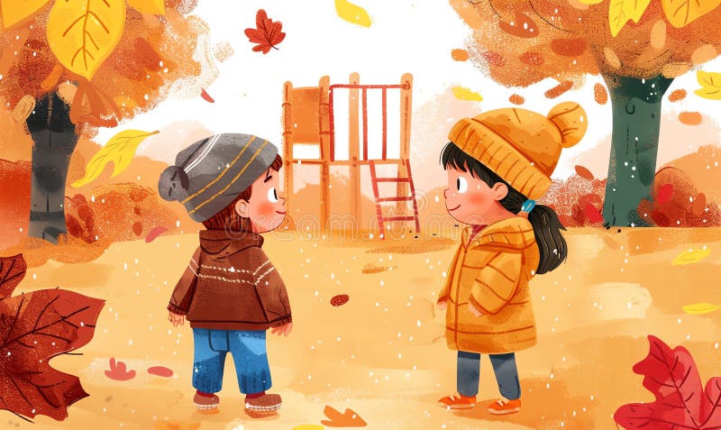 Two Children Enjoying the Fall Foliage and Snow in a Park Stock ...