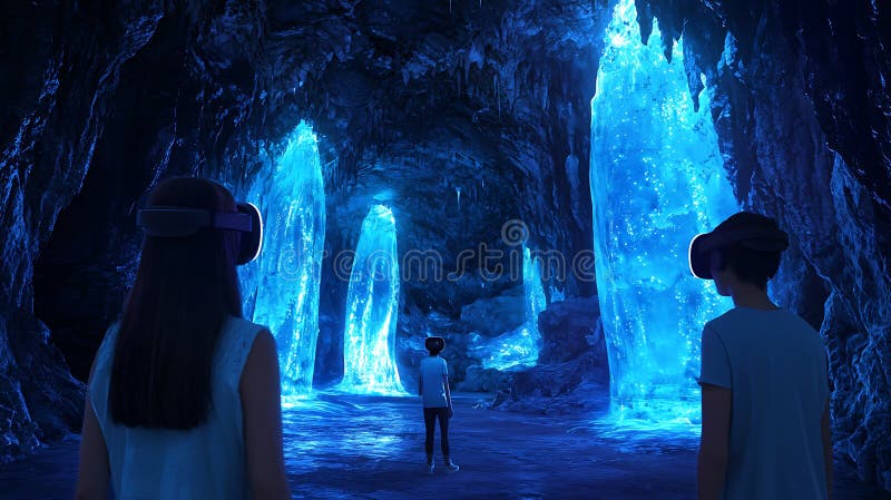 Two Children Explore a Virtual Ice Cave with Glowing Blue Crystals ...