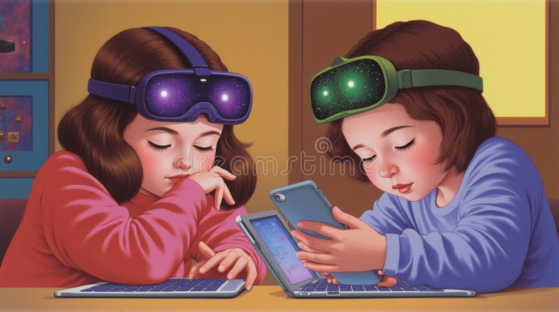 Two Children Explore Virtual Worlds and Connect with Technology, Each ...