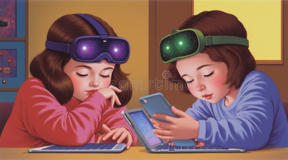Two Children Explore Virtual Worlds and Connect with Technology, Each ...