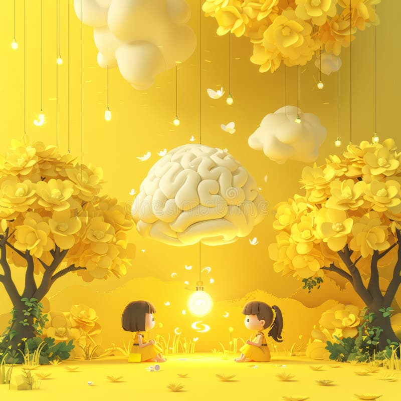 Two Children Exploring Ideas Under a Brain Light Surrounded by Yellow ...