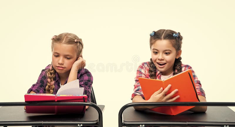 Two Children Girls Study with Book at School Lesson in Classroom Stock ...