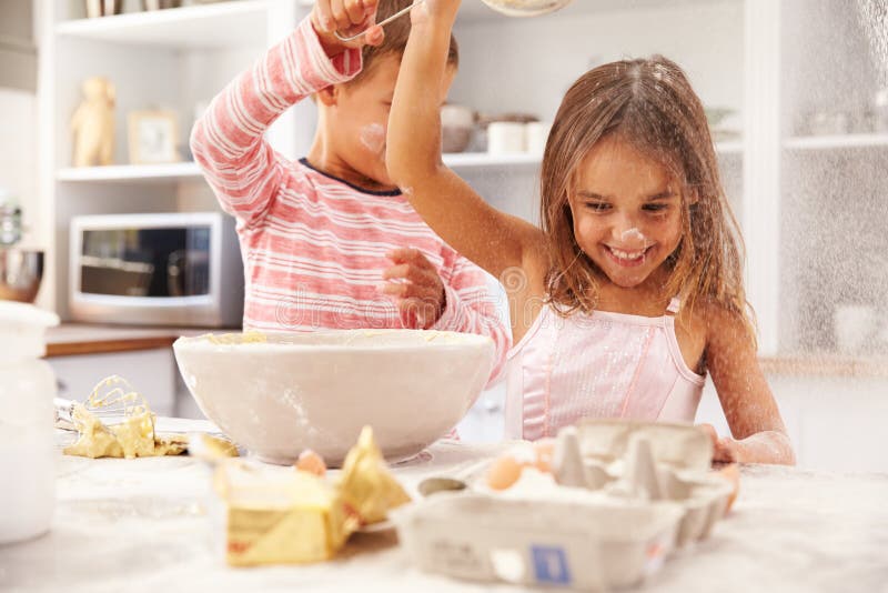 Two Children Having Fun Baking in the Kitchen Stock Image - Image of ...