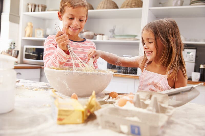Two Children Having Fun Baking in the Kitchen Stock Image - Image of ...