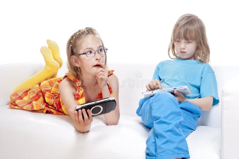 Two Children Having Fun with Digital Gadgets Stock Image - Image of ...