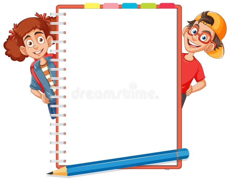 Two Children with a Large Blank Notebook Stock Vector - Illustration of ...
