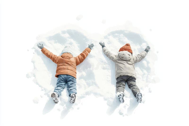 Two Children Making Snow Angels in Fresh Snow Stock Illustration ...