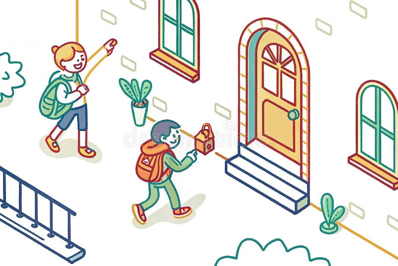 Two Children, One Pointing, Approach a House Door with a Lockbox Stock ...