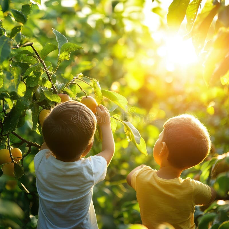 Two Children Playfully Picking Apples Off a Tree while Enjoying a Fun ...