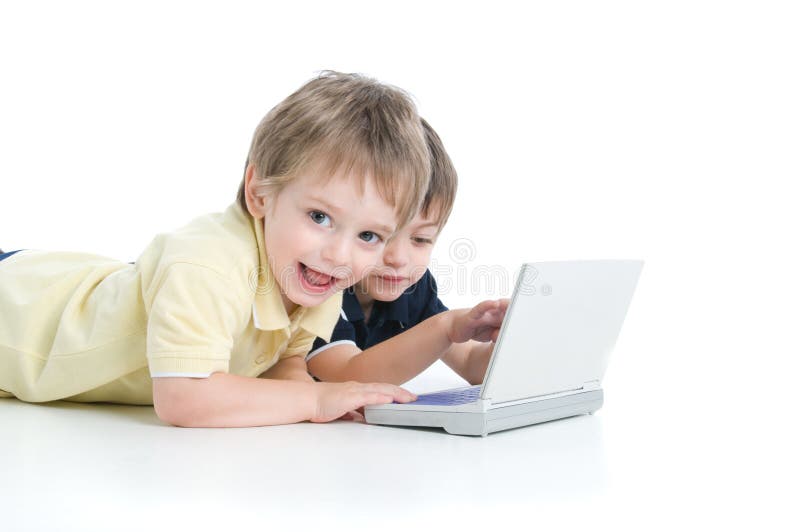 Two Children Playing with the Laptop Stock Photo - Image of learn, male ...