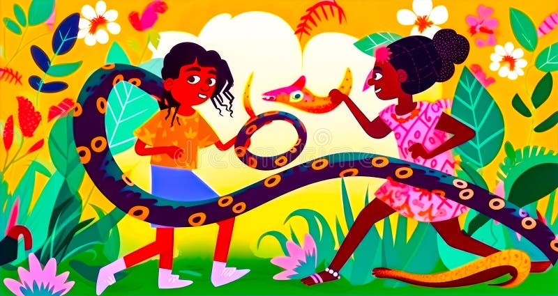 Two Children are Playing with Snake in Field of Grass and Flowers ...