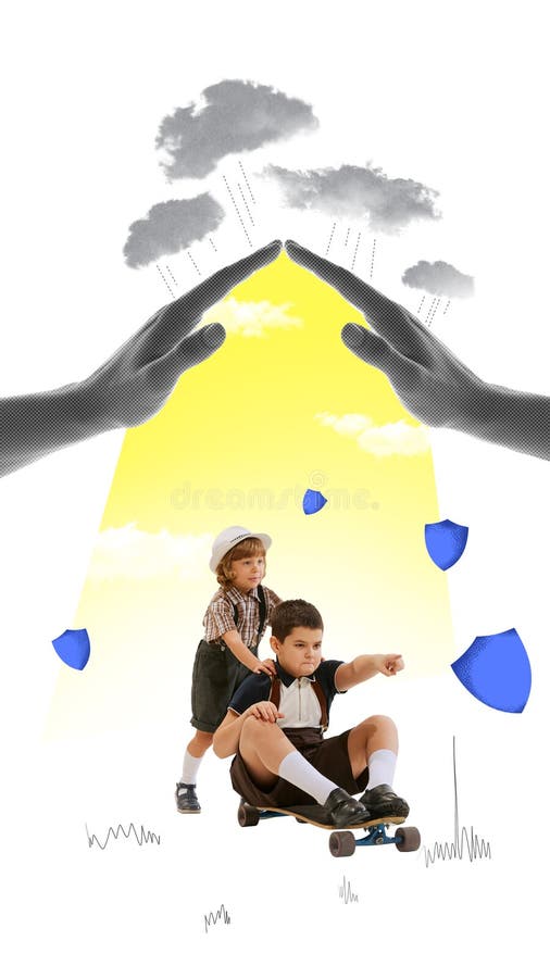 Two Children Playing Under Protective Hands Shielding from Storm Clouds ...