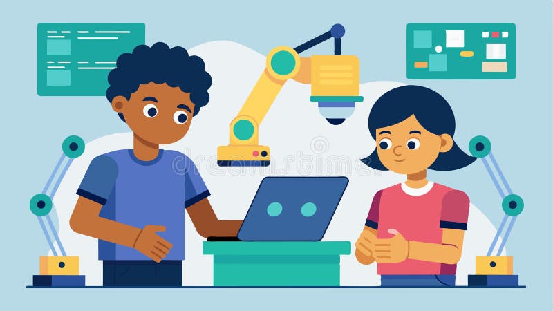 Two Children Program a Robot Arm To Follow a Set of Instructions in ...